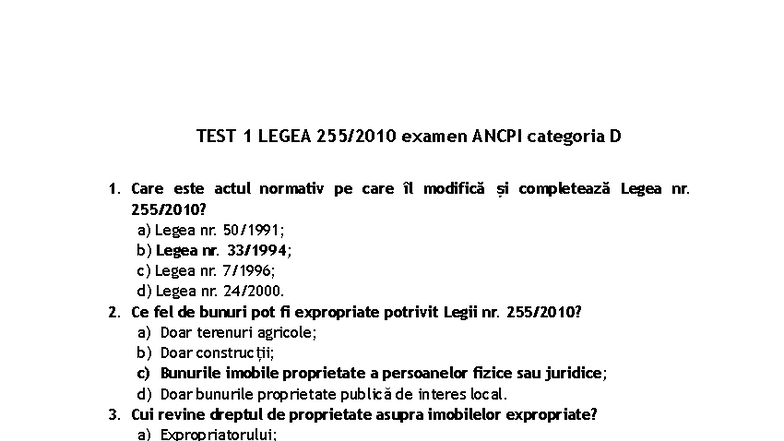 TEST 1 LEGEA ANCPI - Expropriere și Drepturi de Proprietate - Studocu