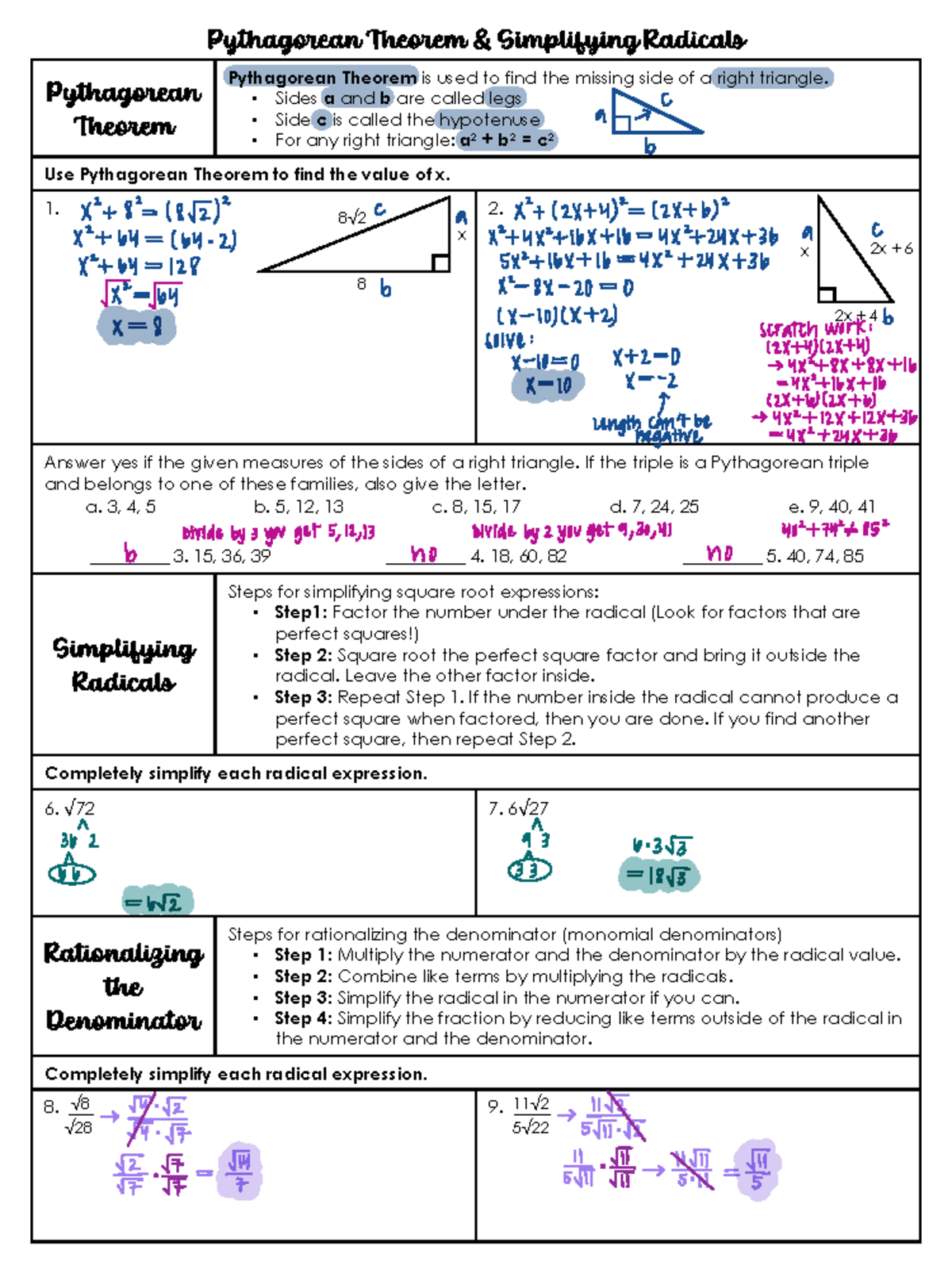 Pythagorean Theorem & Radical Simplification Notes (MATH 101) - Studocu
