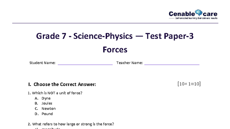Grade 7 Physics Forces Test Paper 3 - Studocu