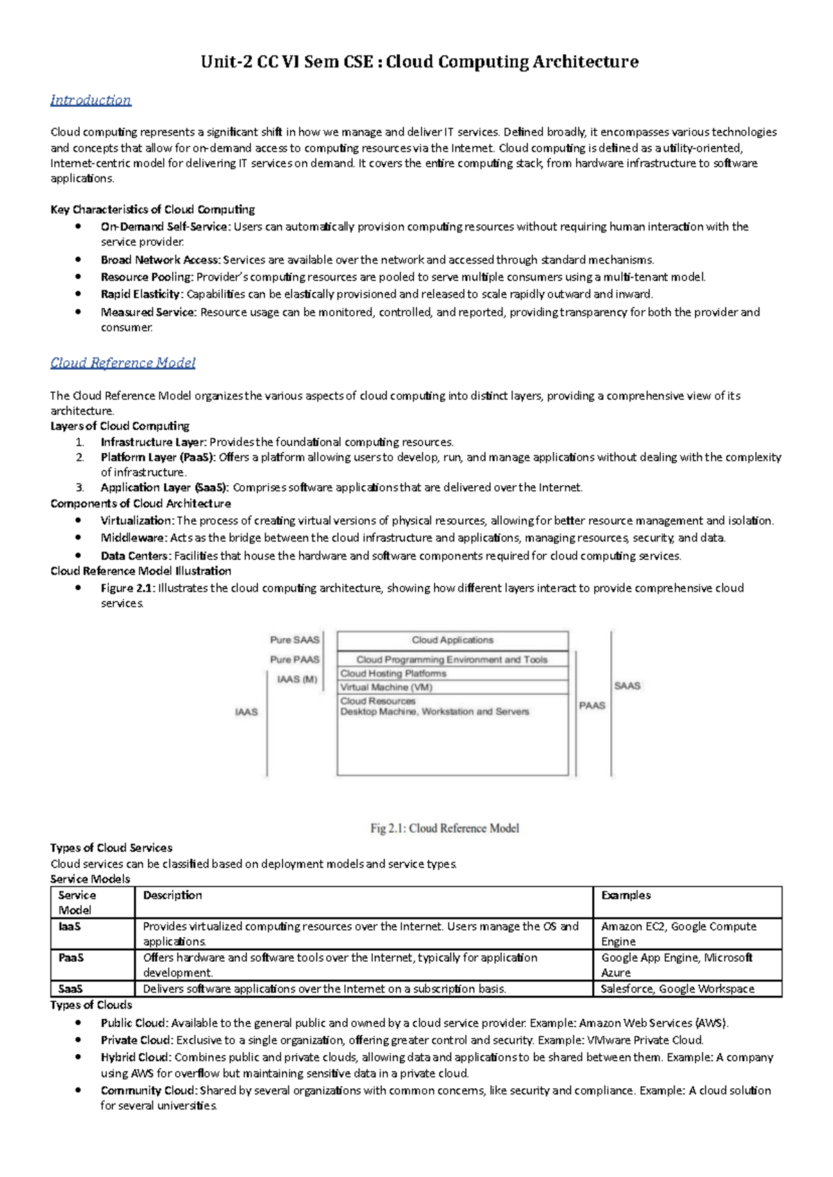 Unit-2: Cloud Computing Architecture Overview - CC VI Sem CSE - Studocu
