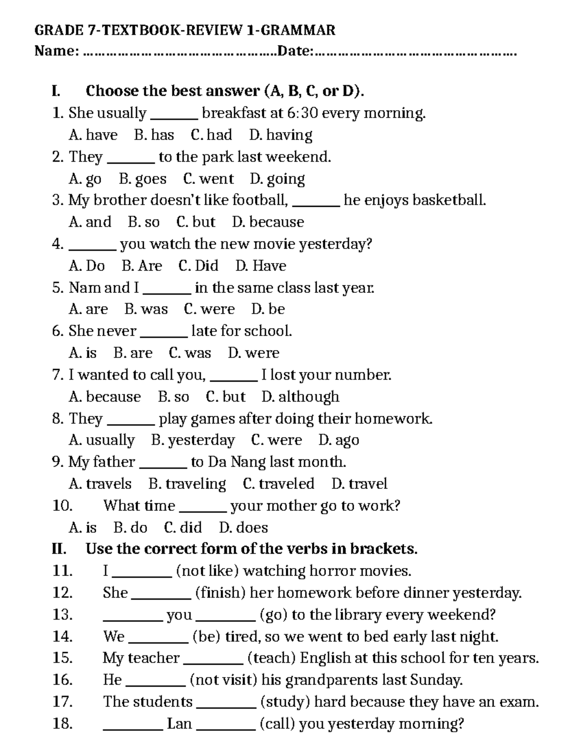 G7- Textbook- Review 1- Grammar Exercises and Answers - Studocu