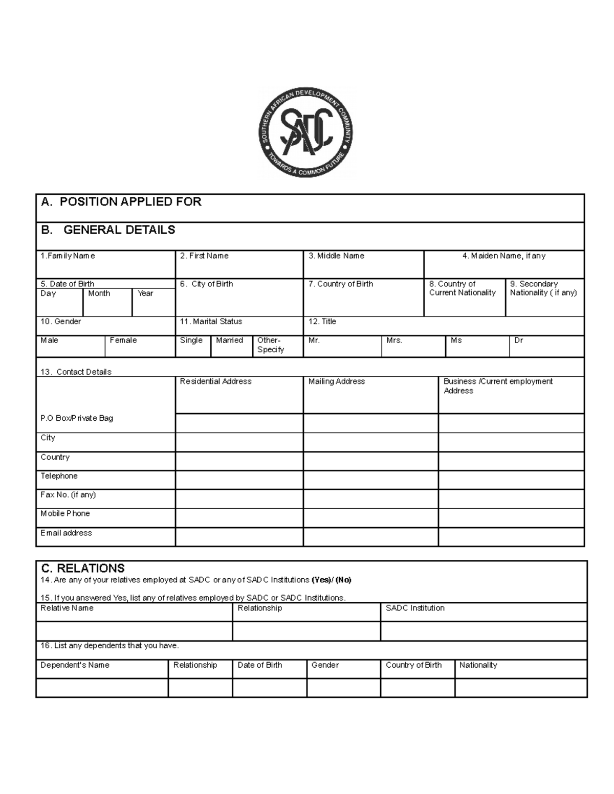 SADC Application Form -English - A. POSITION APPLIED FOR B. GENERAL ...