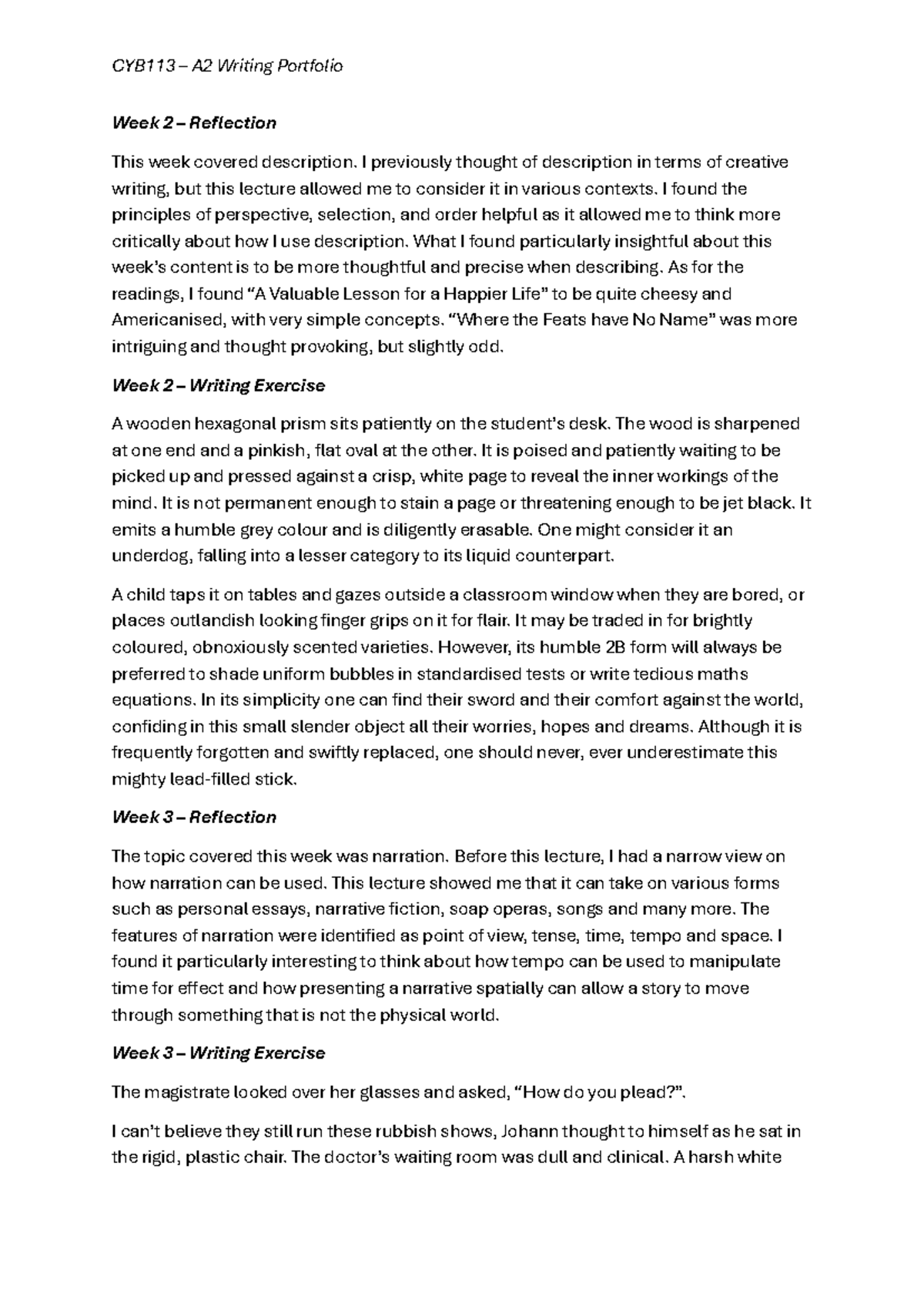 CYB113 A2 Writing Portfolio: Reflections and Exercises on Description ...