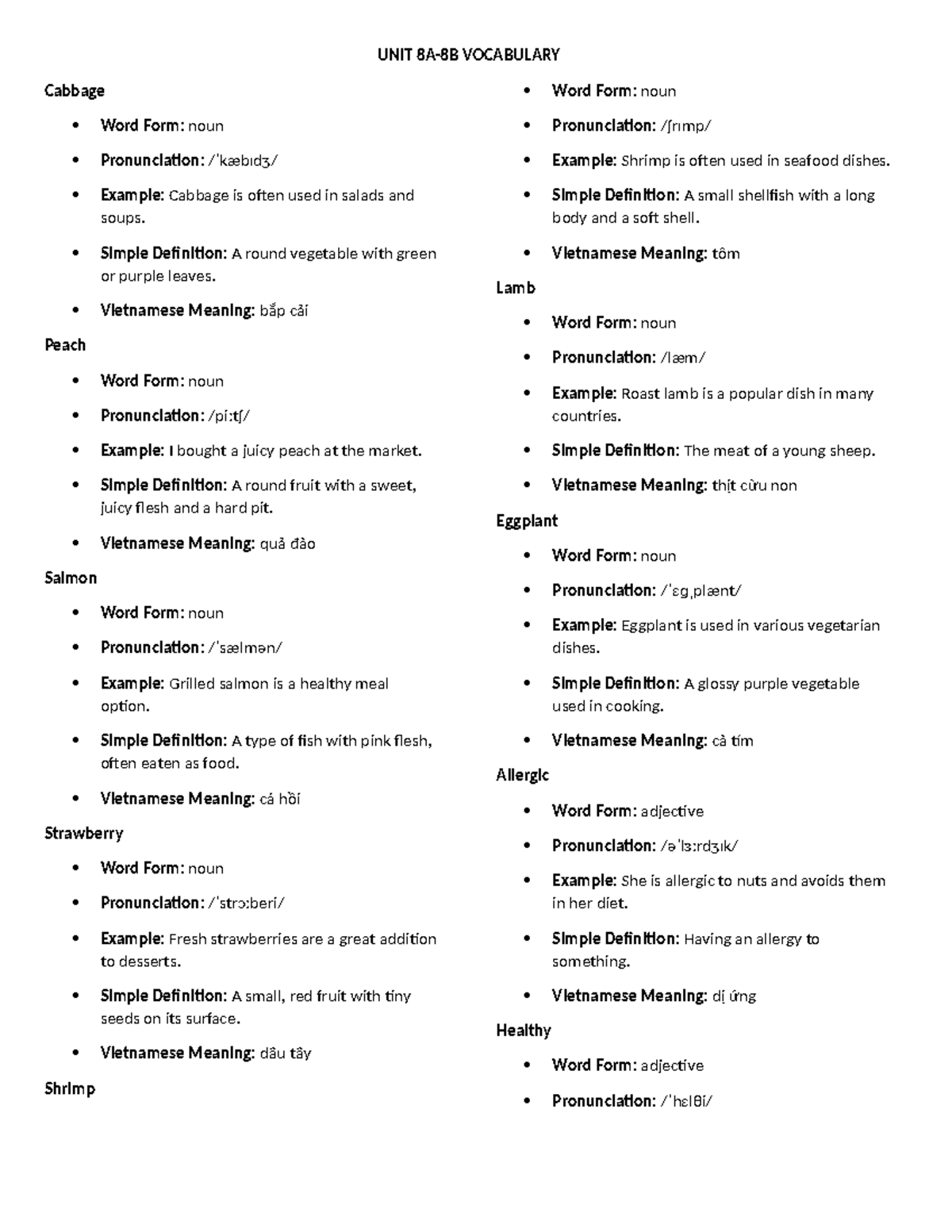 8A-8B Vocabulary List: Word Forms, Definitions, and Examples - Studocu