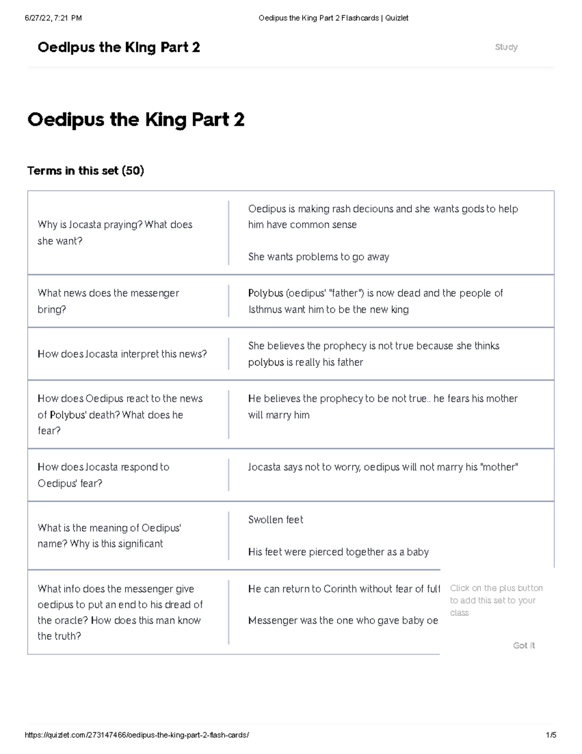 Oedipus the King Part 2 Flashcards Quizlet - Upgrade Oedipus the King ...