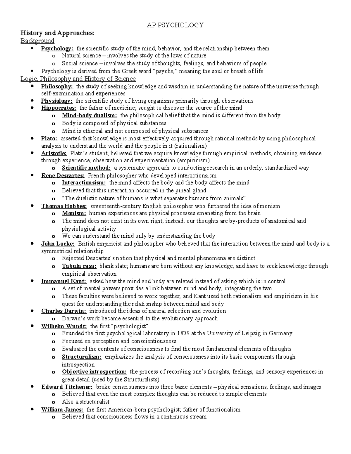 AP Psychology: History and Approaches to Understanding the Mind - Studocu