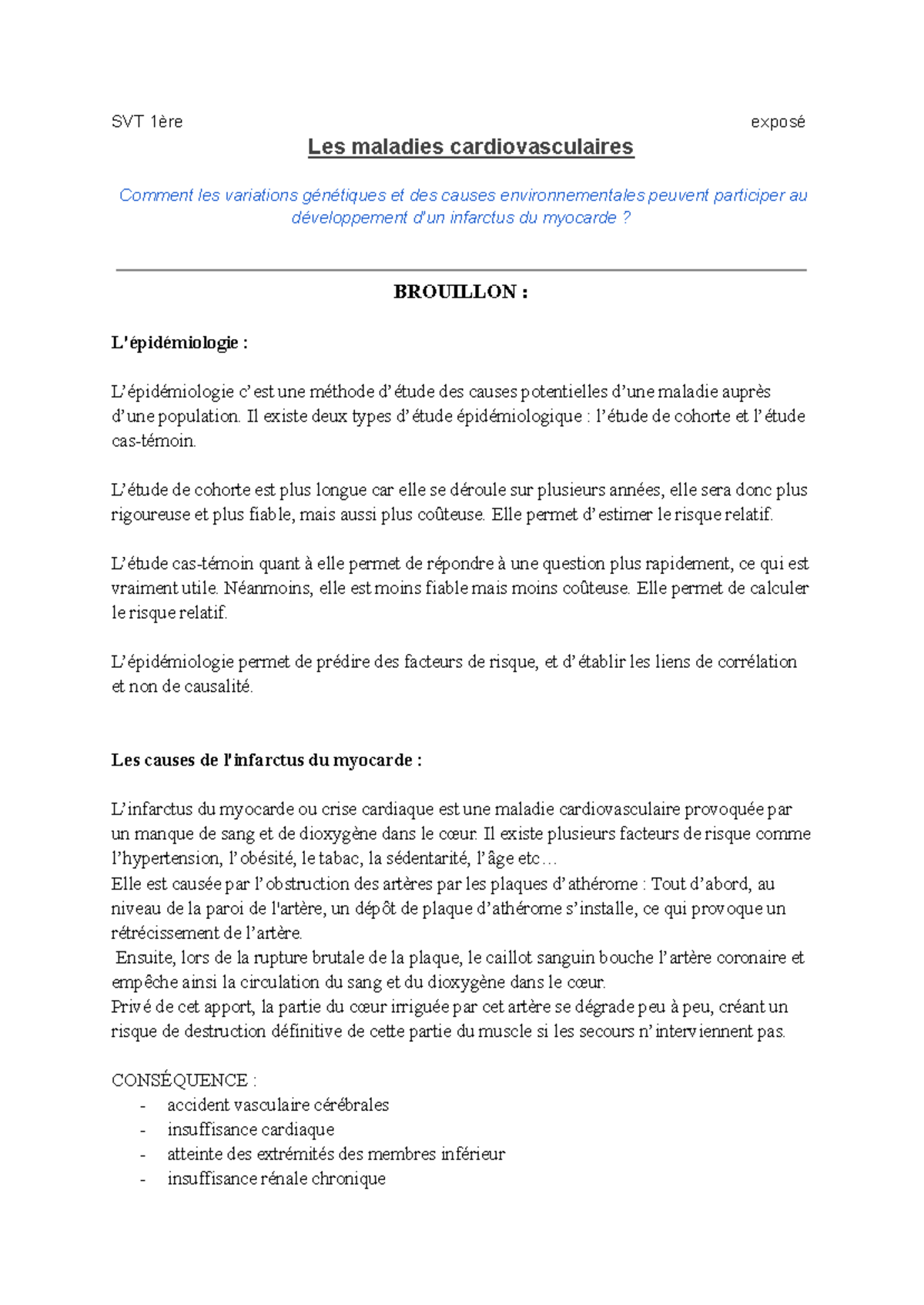 SVT 1ère Exposé : Maladies Cardiovasculaires et Infarctus - Studocu