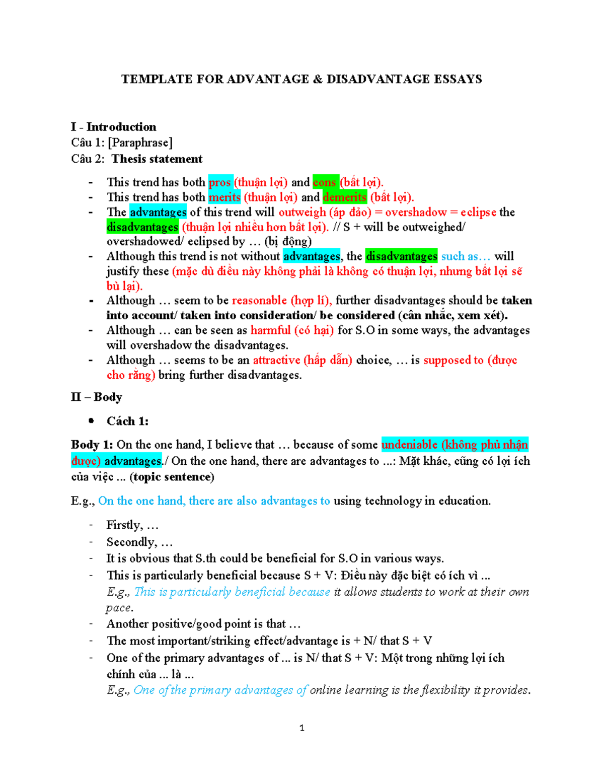 Template FOR Advantage - Disadvantage Essays - TEMPLATE FOR ADVANTAGE ...
