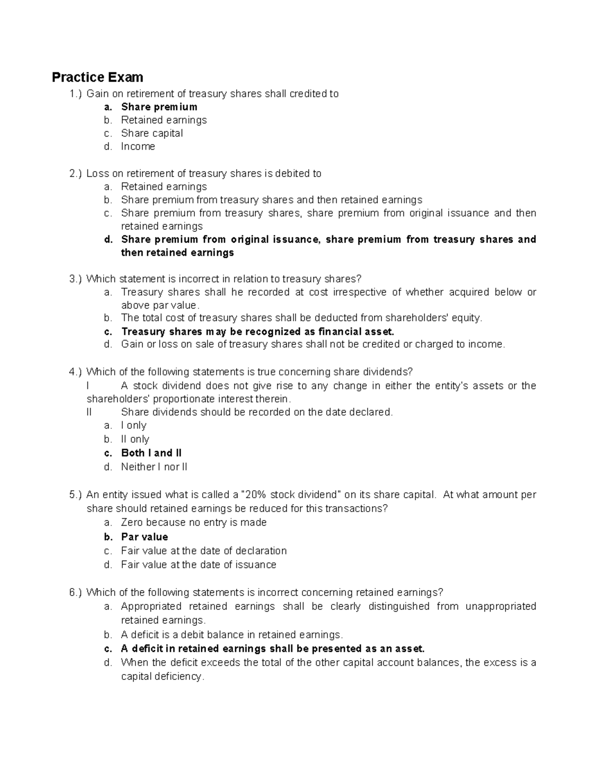 ACC221 - Practice Exam on Treasury Shares and Share Dividends - Studocu