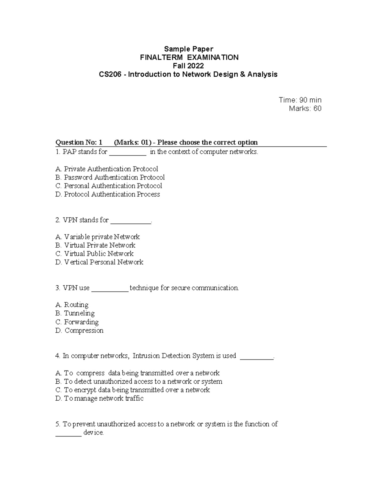 Final Exam Sample Paper for CS 206 - Network Design & Analysis - Studocu