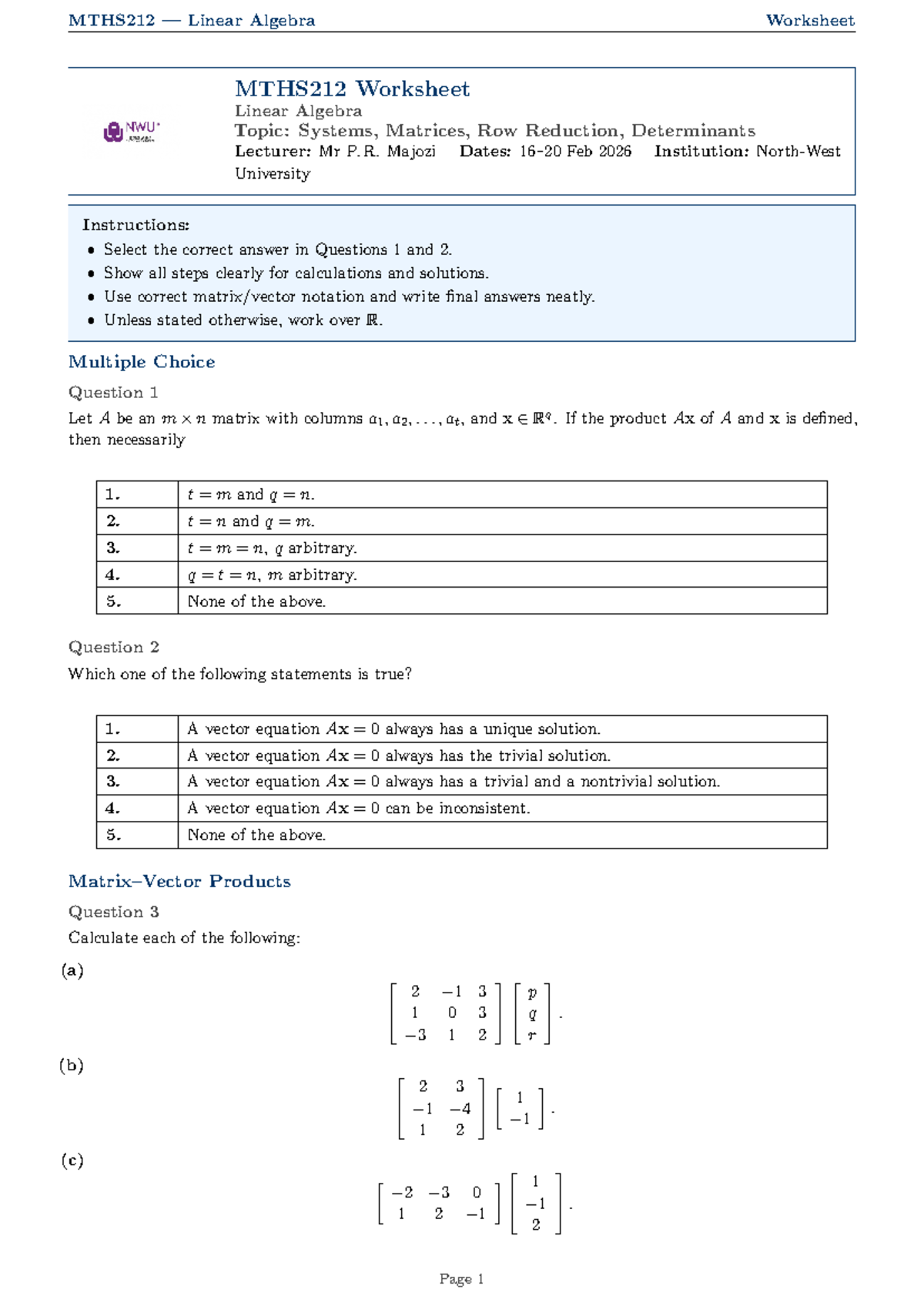 MTHS212 Linear Algebra Worksheet: Systems, Matrices & Solutions - Studocu