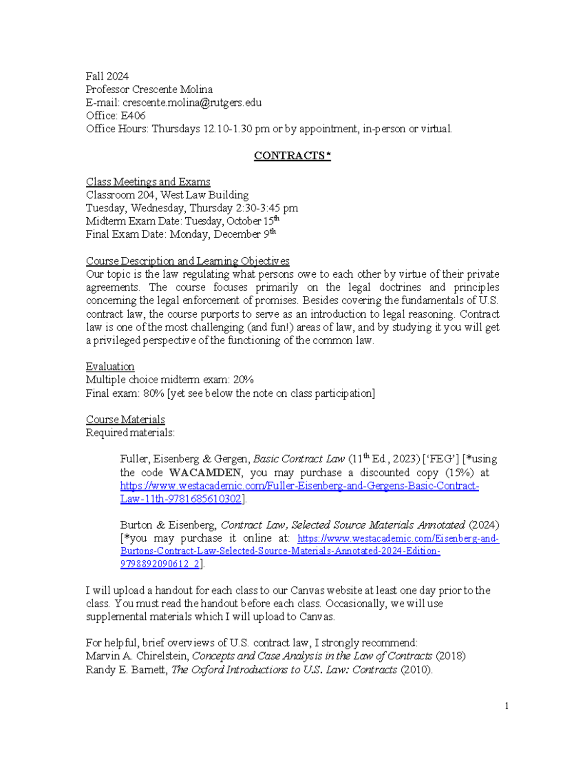 Contracts Course Syllabus & Class Schedule - Fall 2024 - Studocu