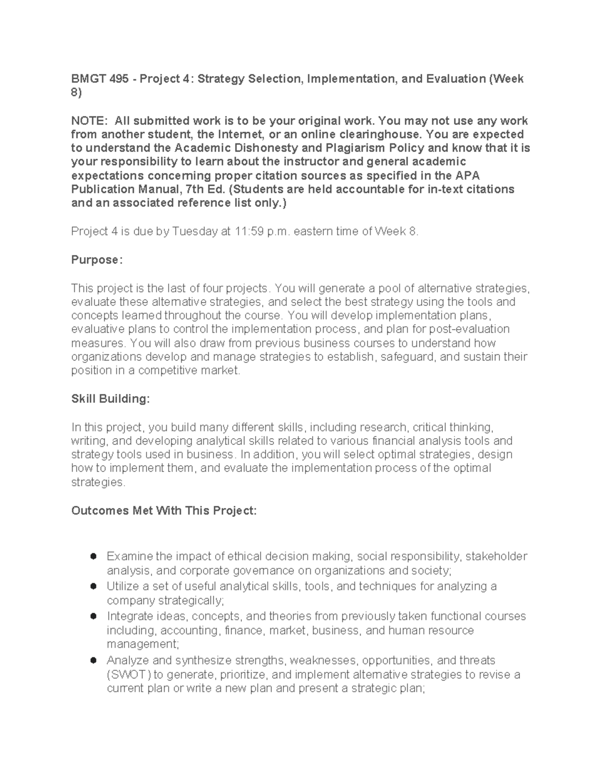 BMGT 495 - Project 4: Evaluating Strategy Selection & Implementation - Studocu