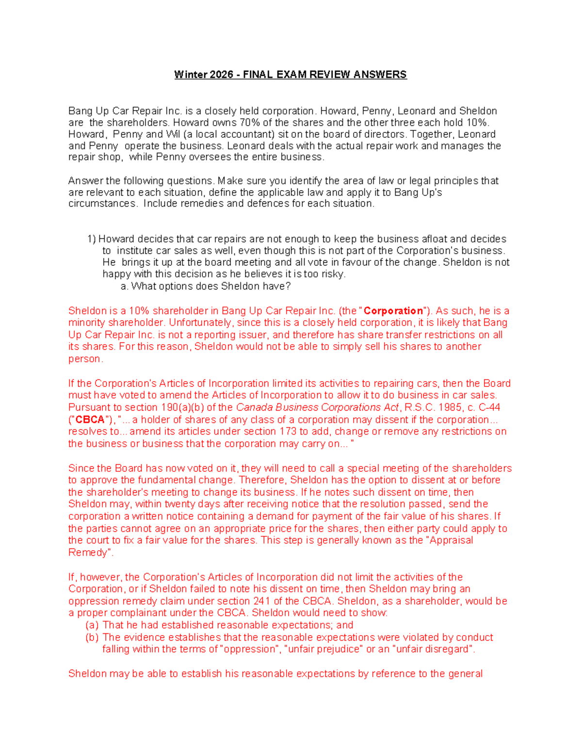 Winter 2026 LAW 101 FINAL EXAM REVIEW: Corporate Governance & Liability ...