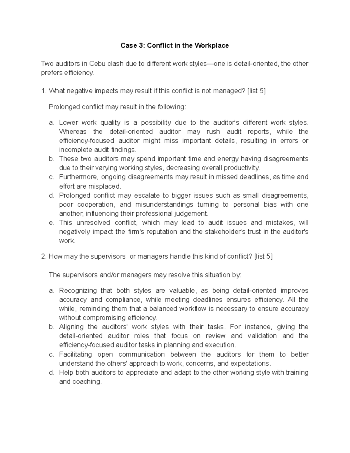 Conflict in the Workplace: Case Study on Auditor Disagreements - Studocu