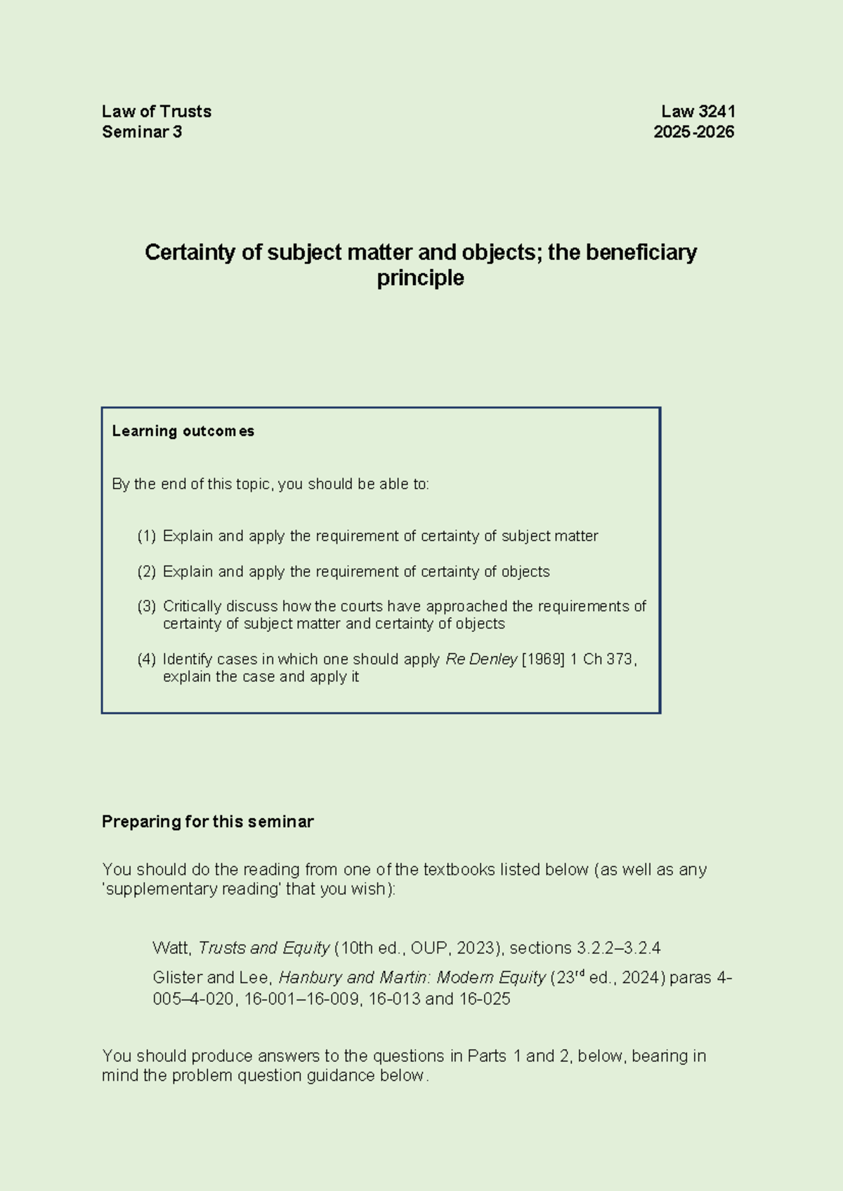 Law 3241 Seminar 3: Certainty of Subject Matter & Beneficiary Principle ...