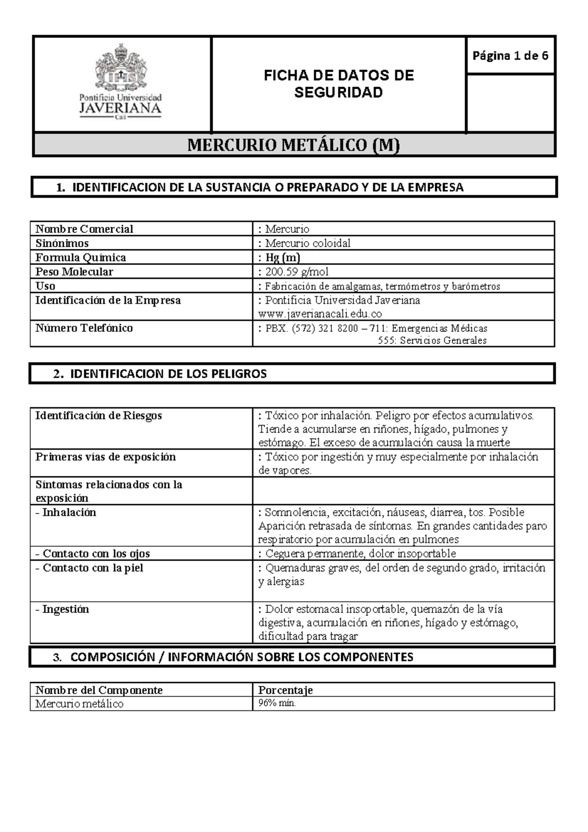 Hojas De Trabajo Sobre Mercurio