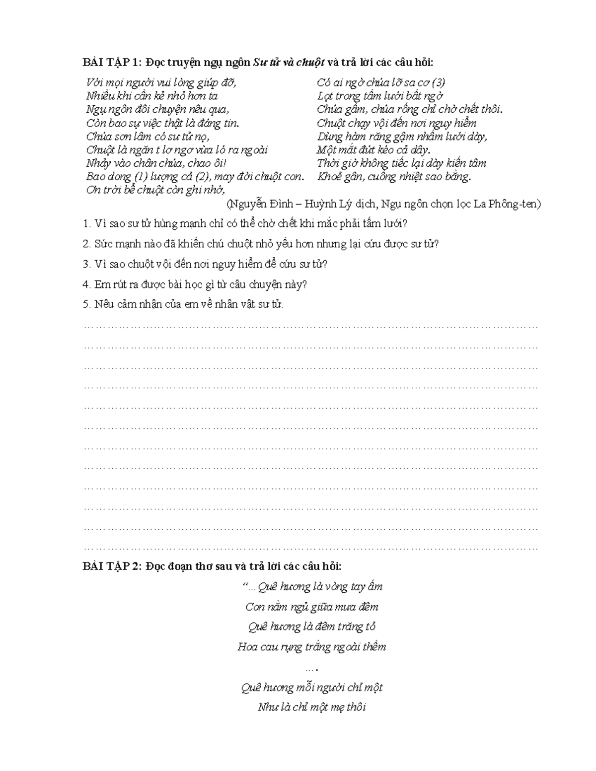 BÀI TẬP 1, 2, 3: Phân Tích Ngụ Ngôn và Thơ Ca Việt Nam - Studocu