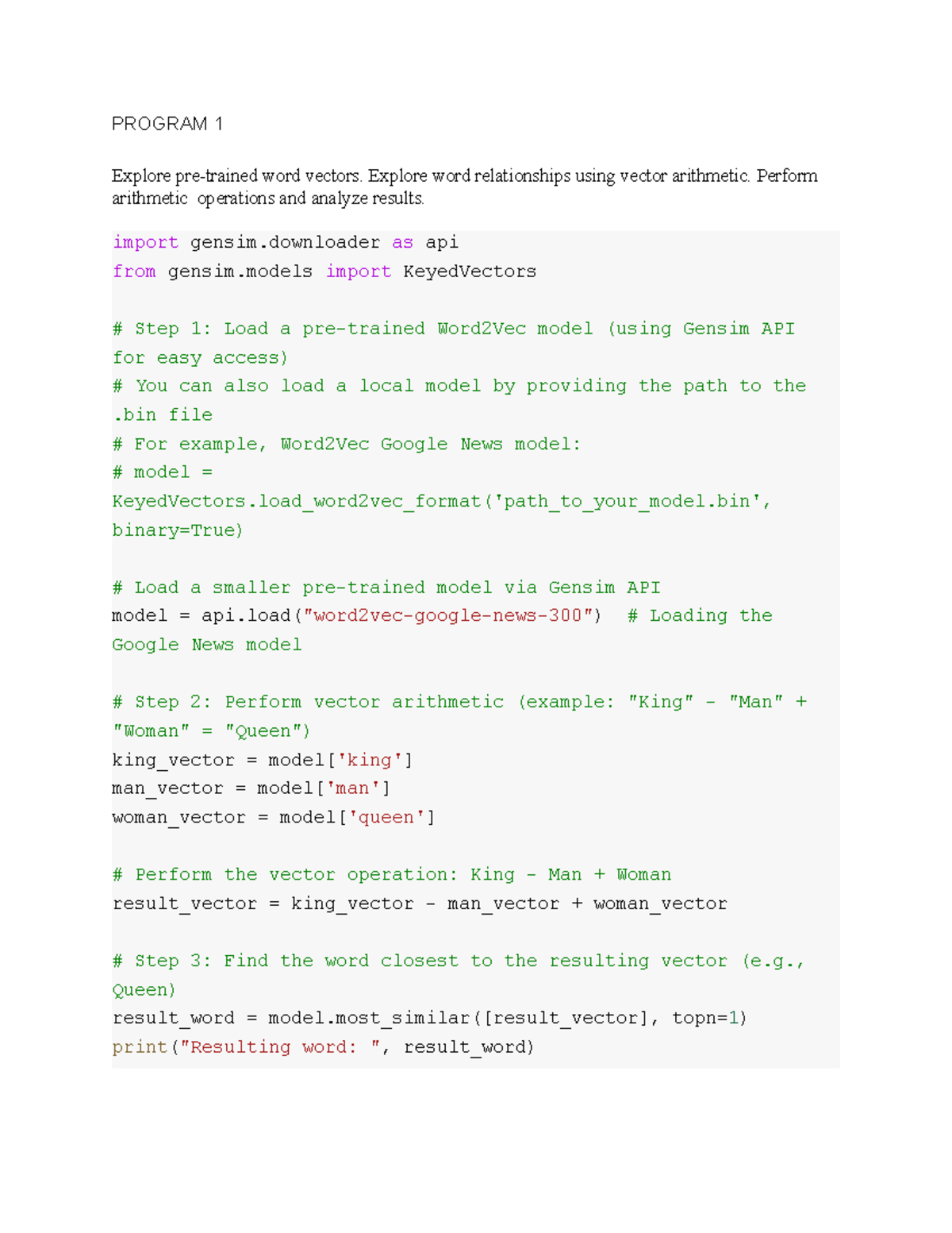 GEN AI Program 2 - Programming Word Vectors and Embeddings Analysis - Studocu