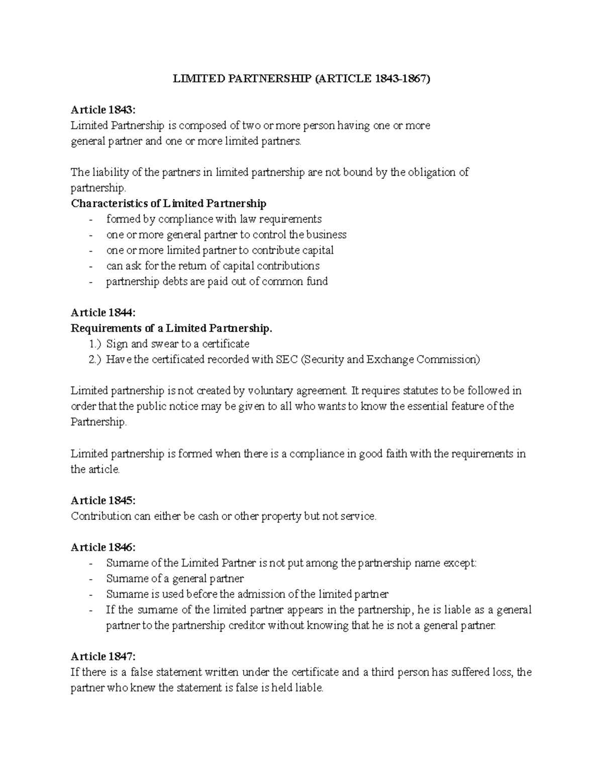Limited Partnership Overview: Articles 1843-1867 Explained - Studocu