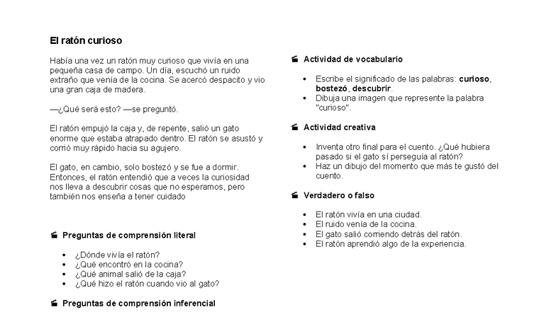 El ratón curioso - Actividades de comprensión y vocabulario - Studocu