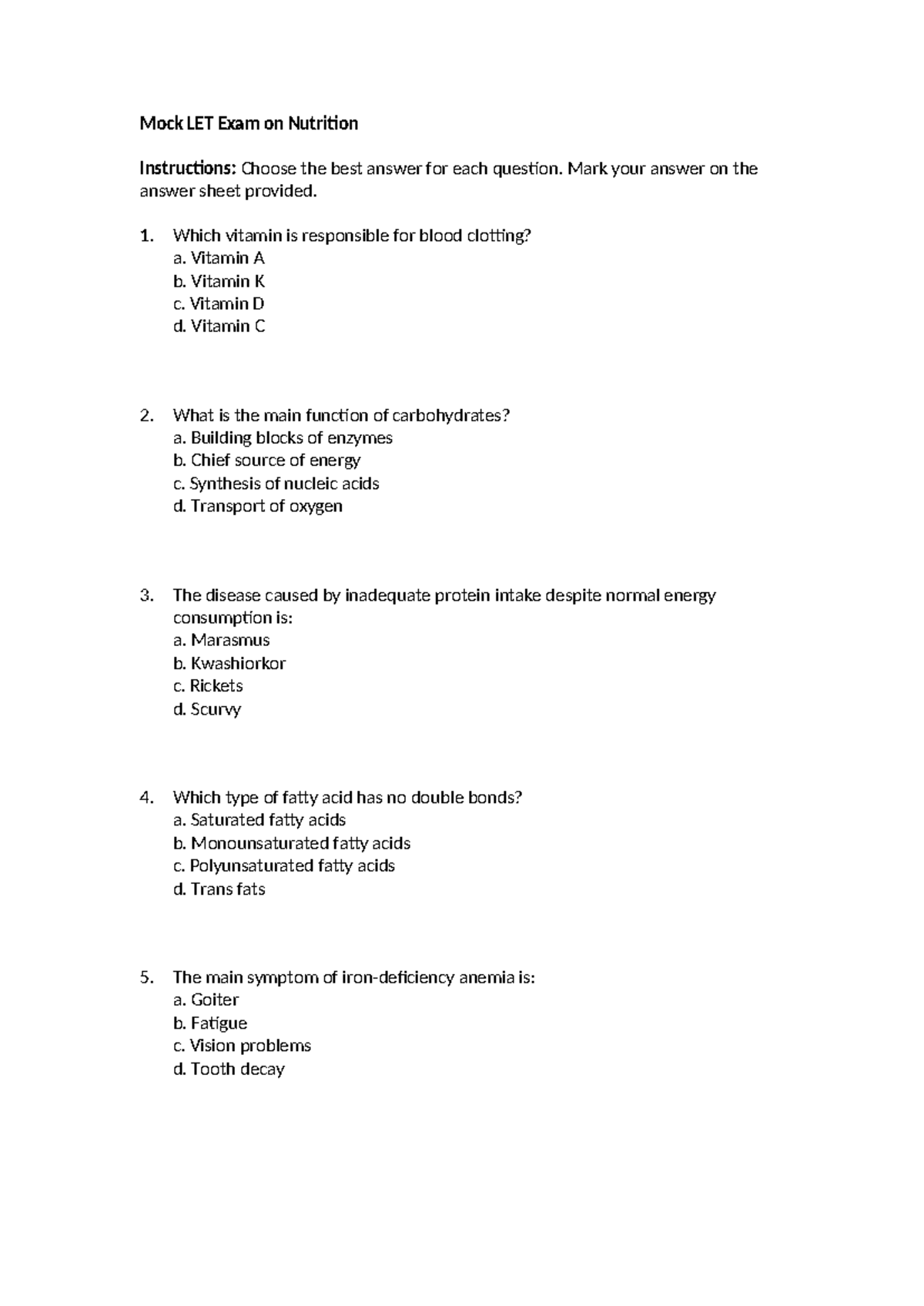 Mock LET Exam on Nutrition - Mock LET Exam on Nutrition Instructions ...