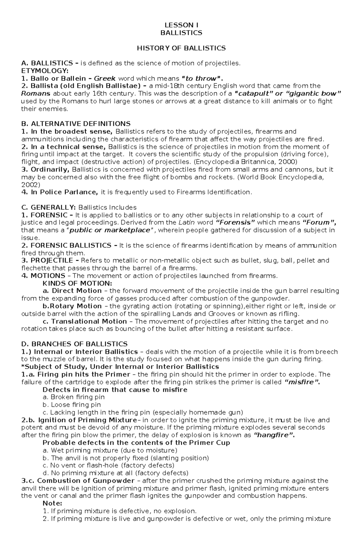 FOR 101: LESSON I - HISTORY OF BALLISTICS AND FORENSIC APPLICATIONS ...