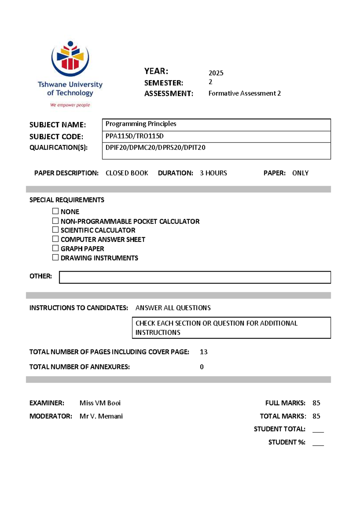PPA115D TRO115D FA2 2025 Formative Assessment Question Paper - Studocu