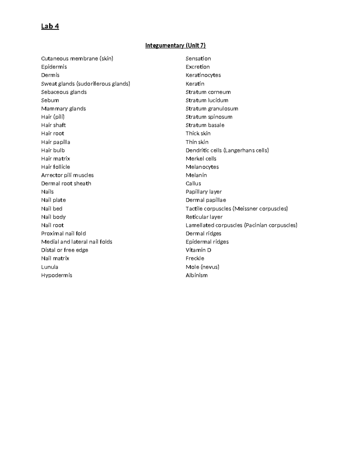Lab 4: Integumentary System Overview & Key Concepts (Unit 7) - Studocu