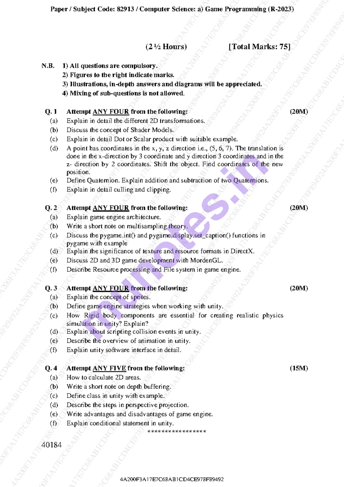 GAME Programming - Question Paper (82913) for Final Exam - Studocu
