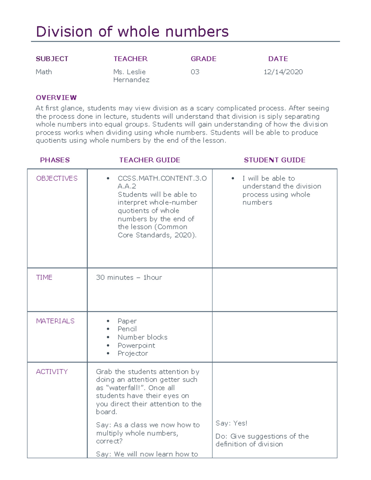Lesson Plan Division - Division of whole numbers SUBJECT TEACHER GRADE ...