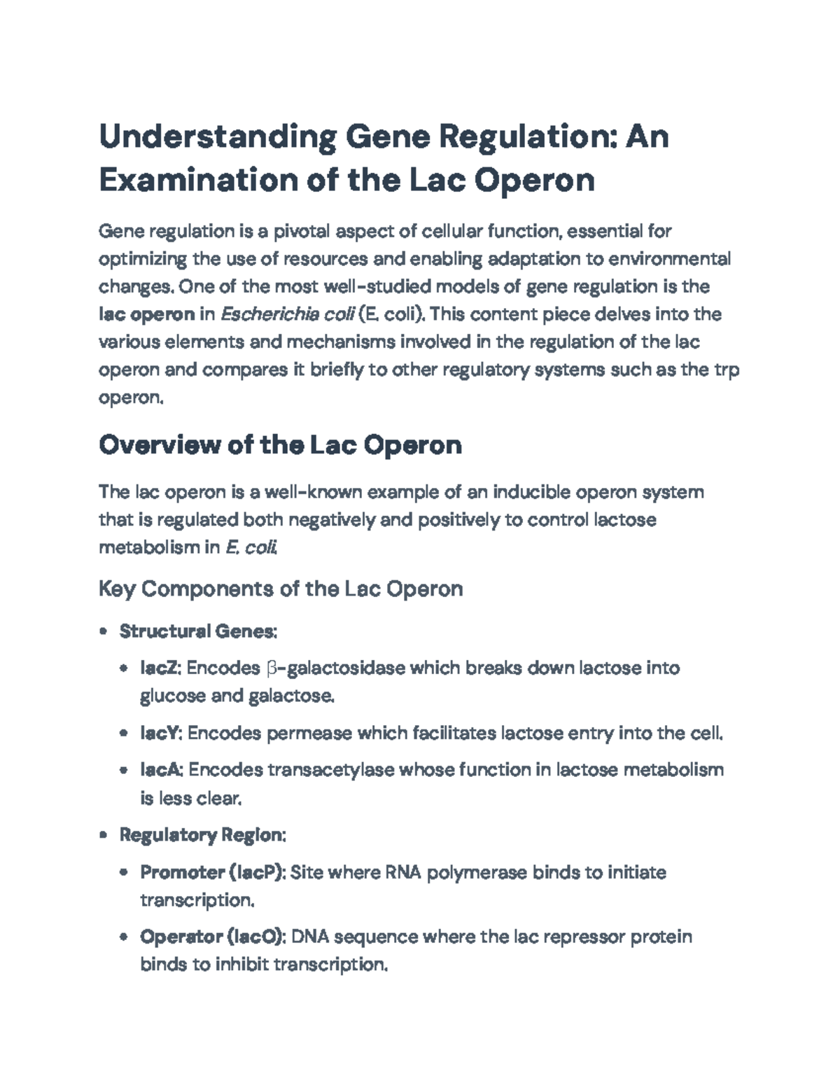 Understanding Gene Regulation: The Lac Operon Model (BIO 101) - Studocu