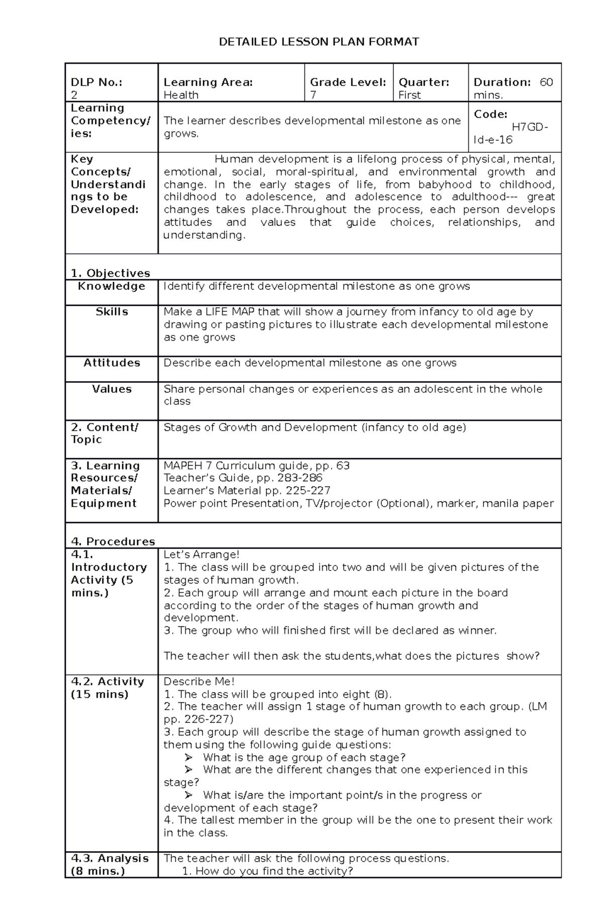 25-health dlp - DLP MAPEH 7 - DETAILED LESSON PLAN FORMAT DLP No.: 2 Learning Area: Health Grade ...