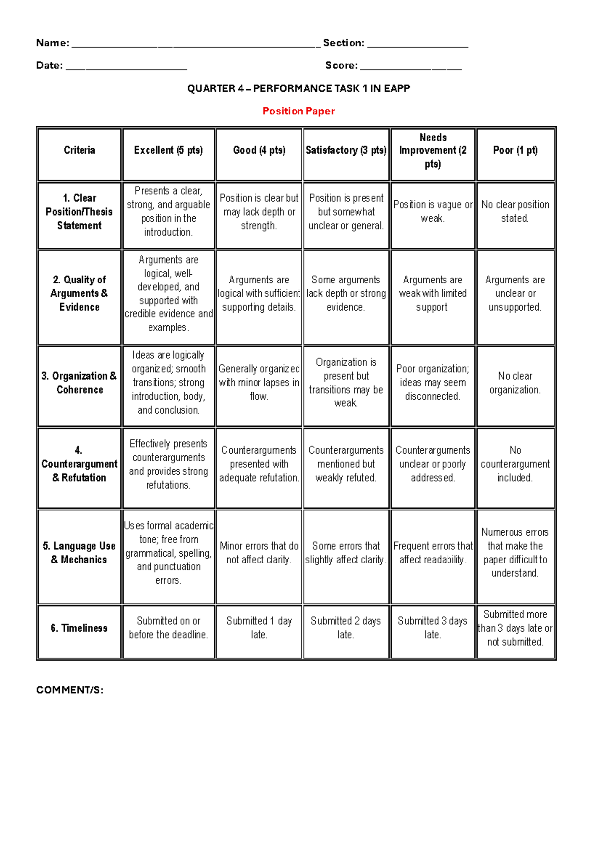 EAPP 4th Qtr Performance Task 1: Position Paper Rubric - Studocu