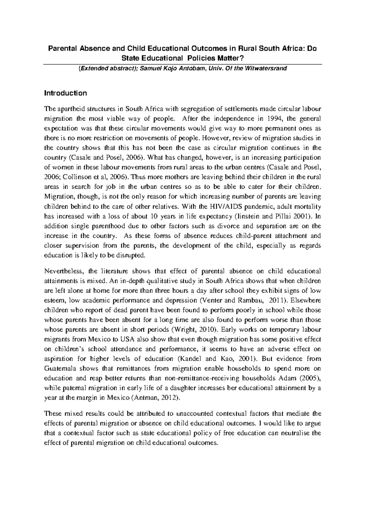 Parental Absence and Educational Outcomes in Rural SA: Policy Impact ...