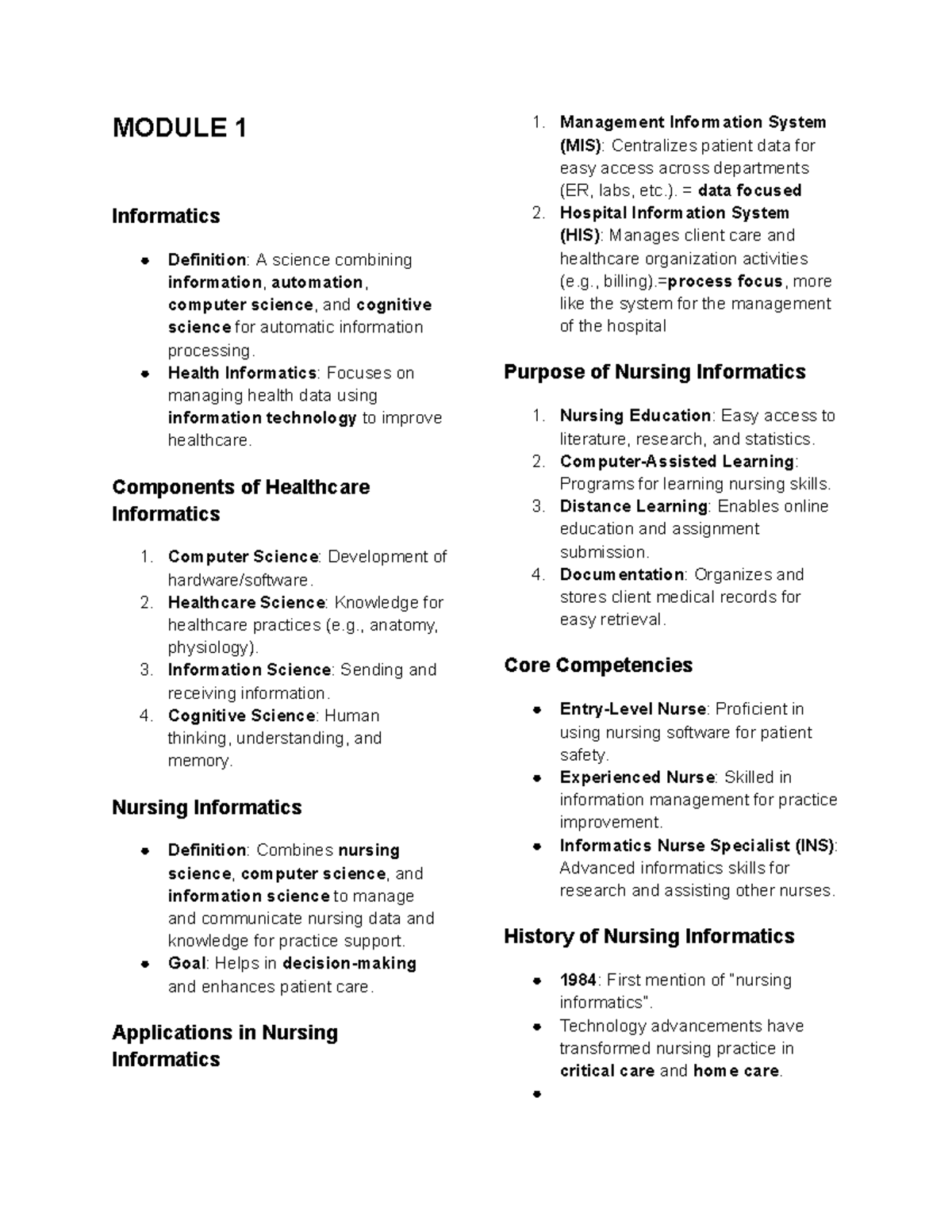 Nursing Informatics Overview: Key Concepts and Applications (MODULE 1 ...
