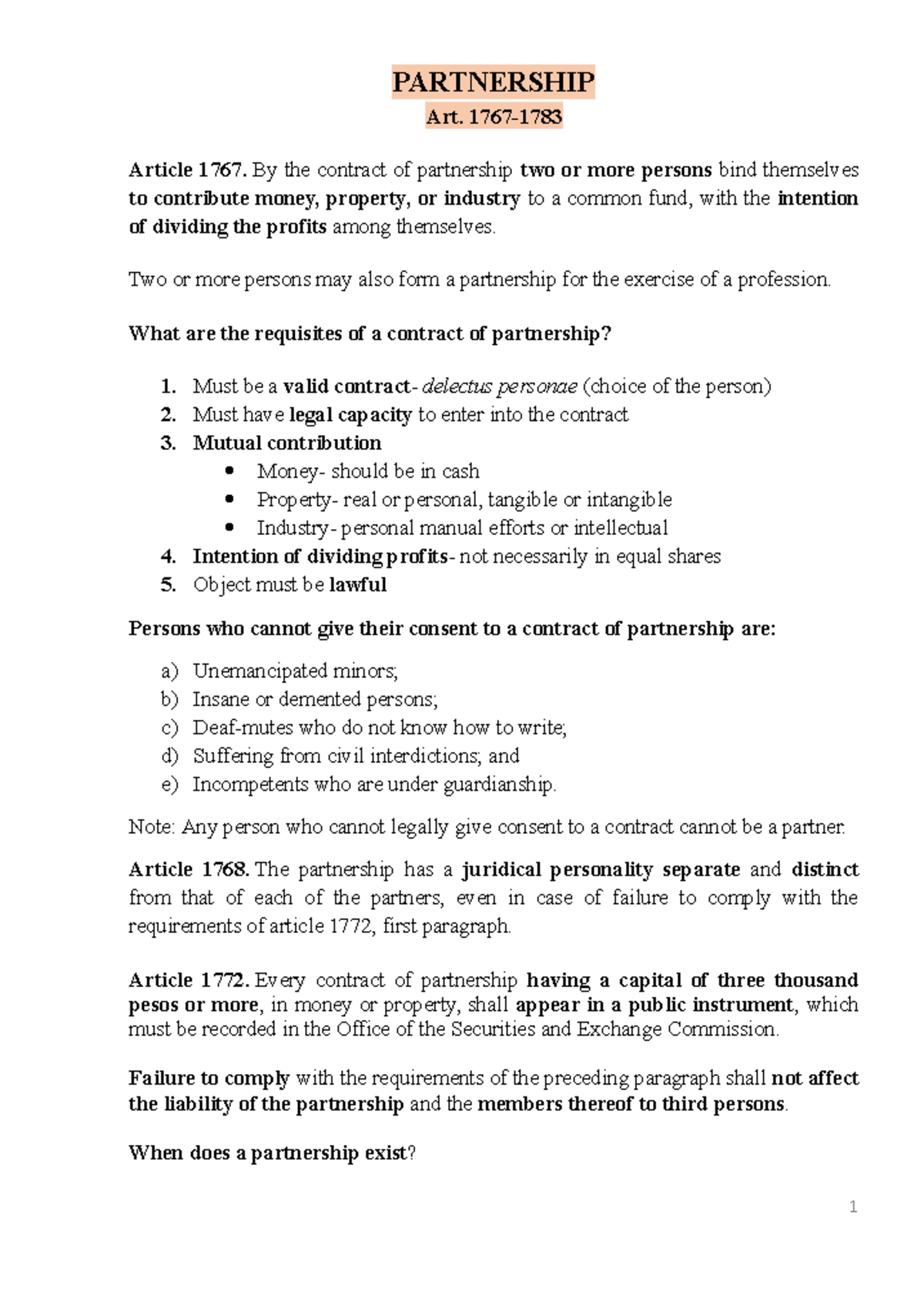 Partnership Notes: Key Articles and Legal Requisites (Art. 1767-1783 ...