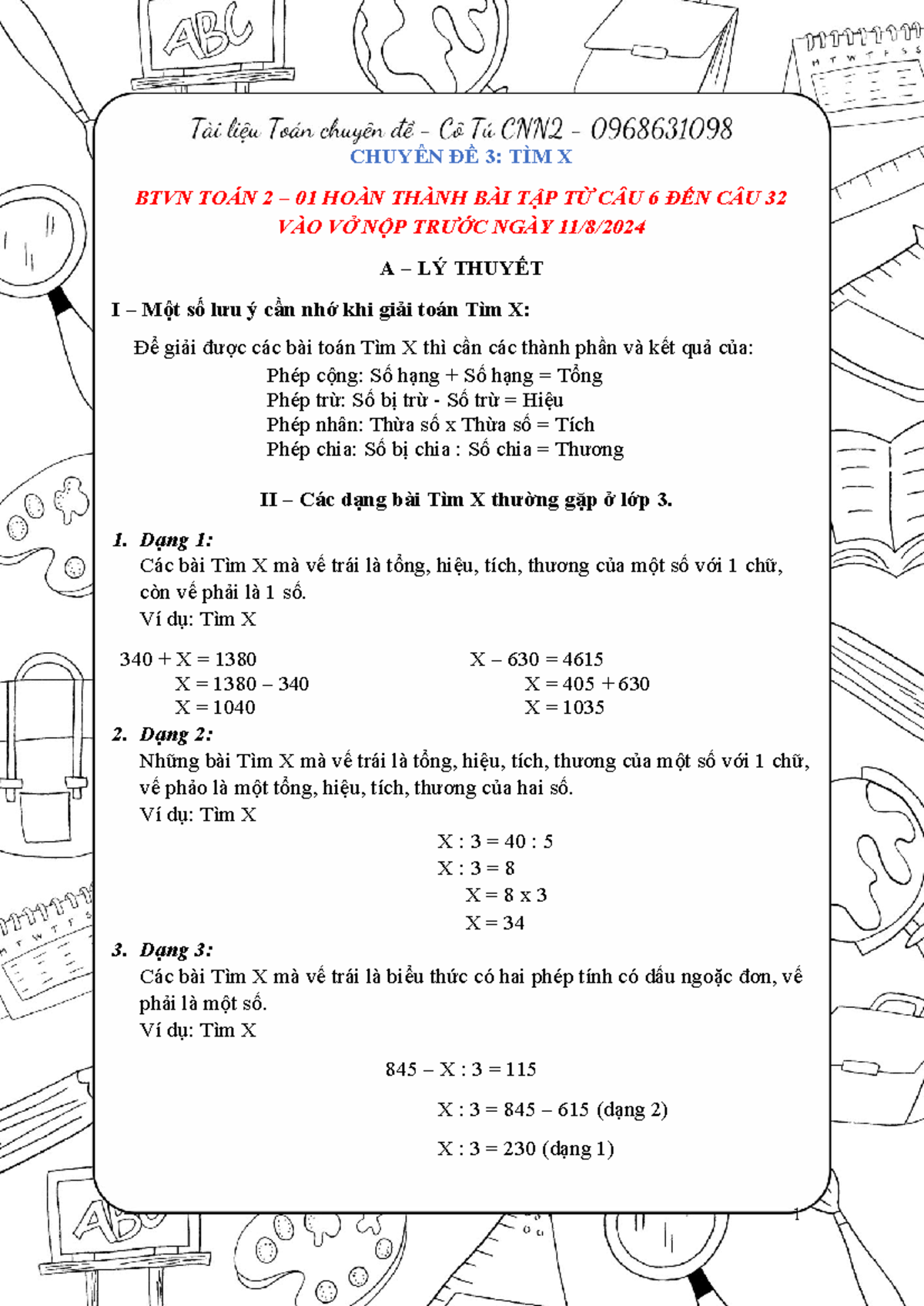 BTVN TOÁN 3: Tìm X Bài Tập Từ Câu 6 Đến Câu 32 - Studocu