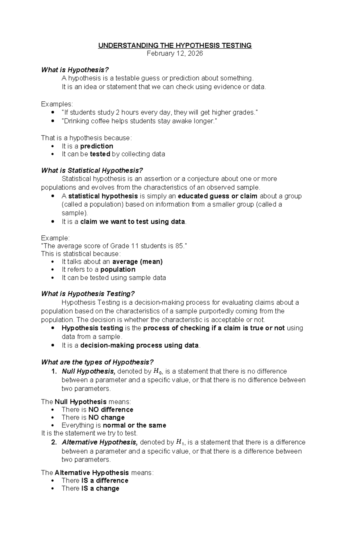 L2-4TH-Q - Lecture Notes on Hypothesis Testing and Errors - Studocu