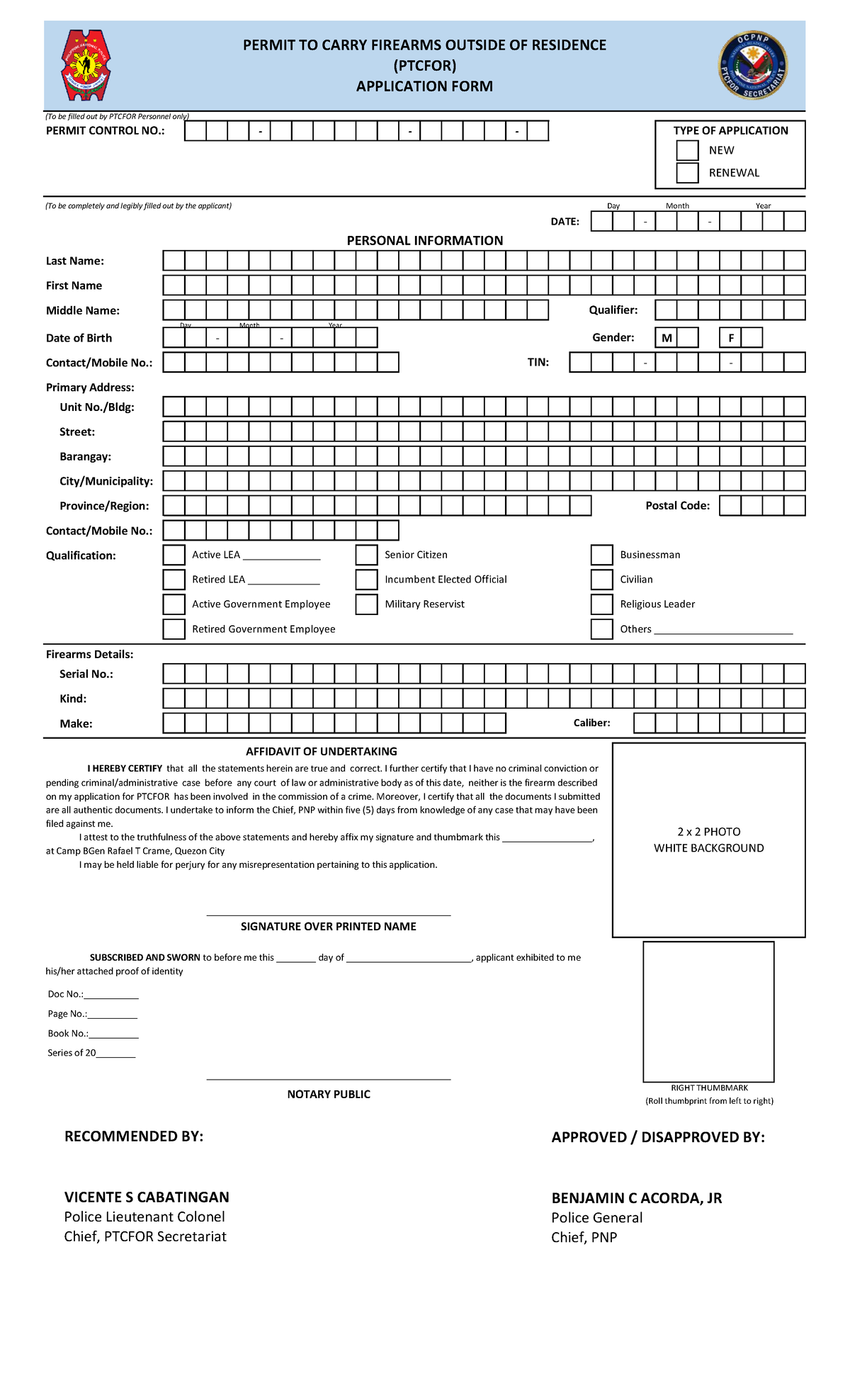PTC FORM - Sample Application for Permit to Carry Firearms - Studocu