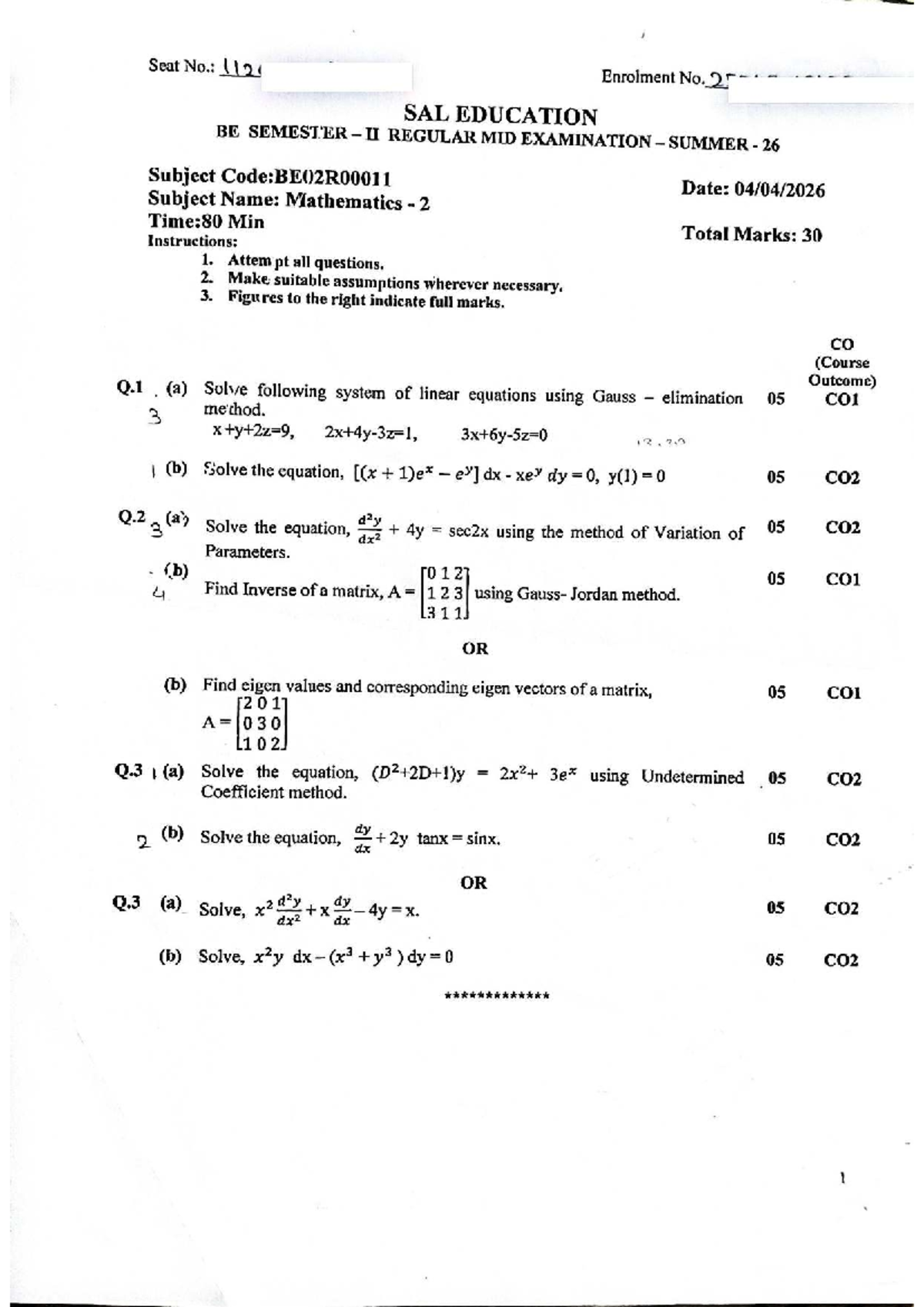 Maths 2 Mid Exam 2026 - Regular Semester Paper - Studocu