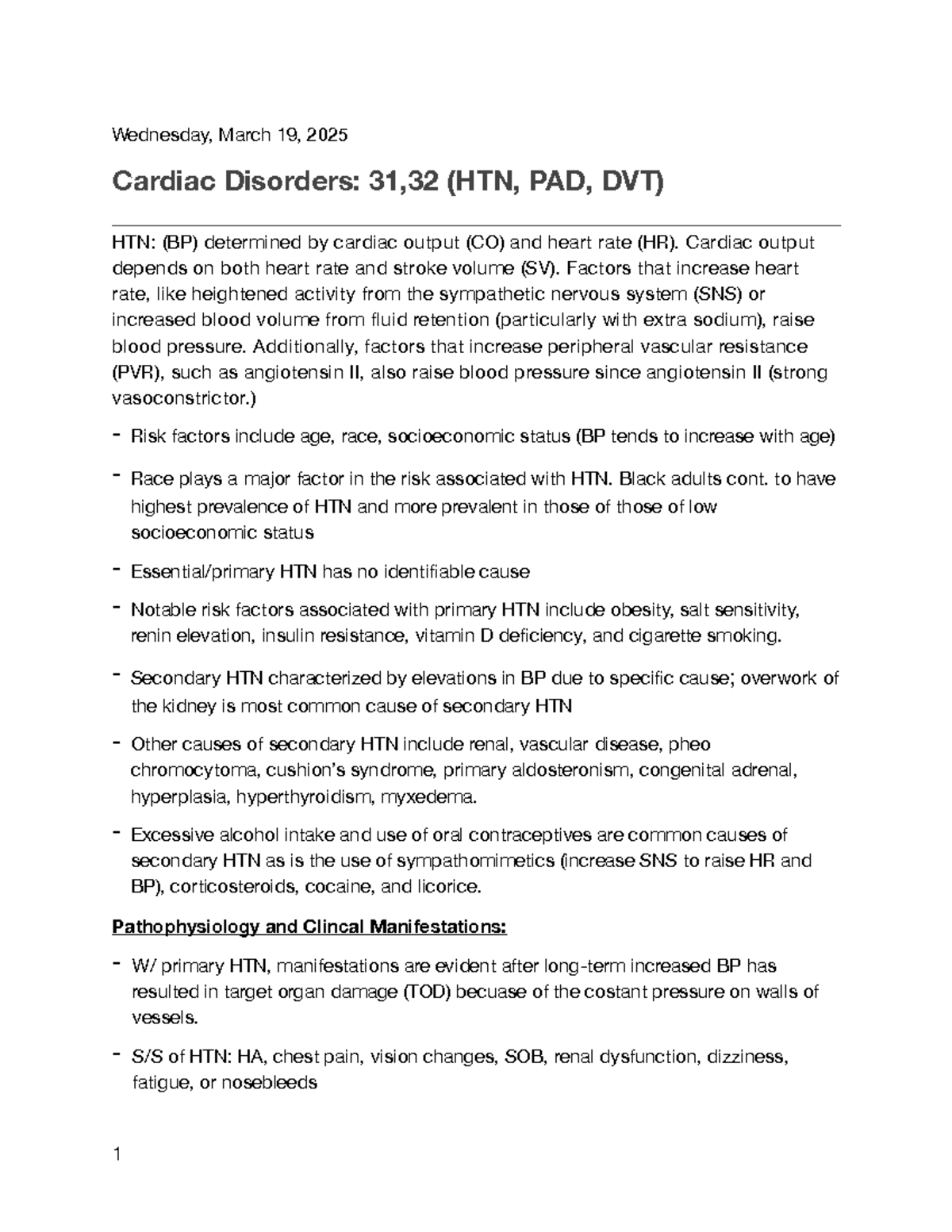 Cardiac Disorders Overview: HTN, PAD, DVT Management Techniques - Studocu