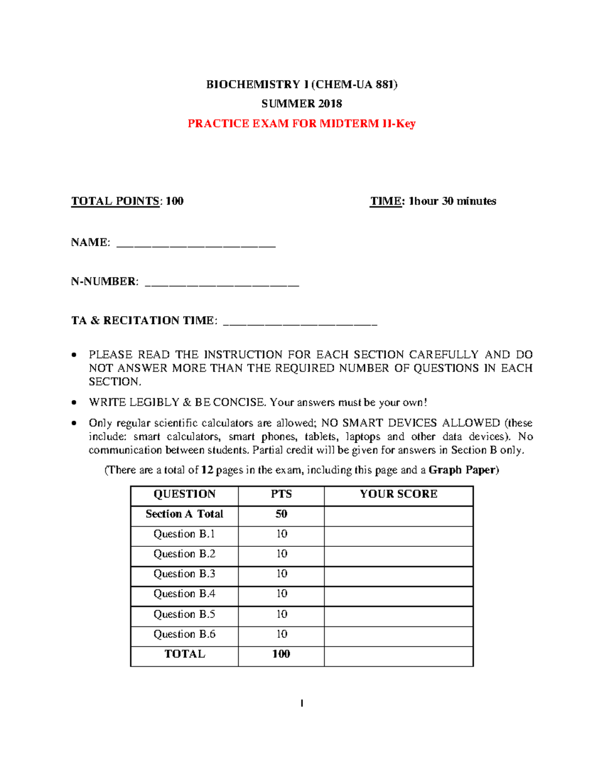 Biochemistry I (CHEM-UA 881) Summer 2018 Midterm II Practice Exam Key ...
