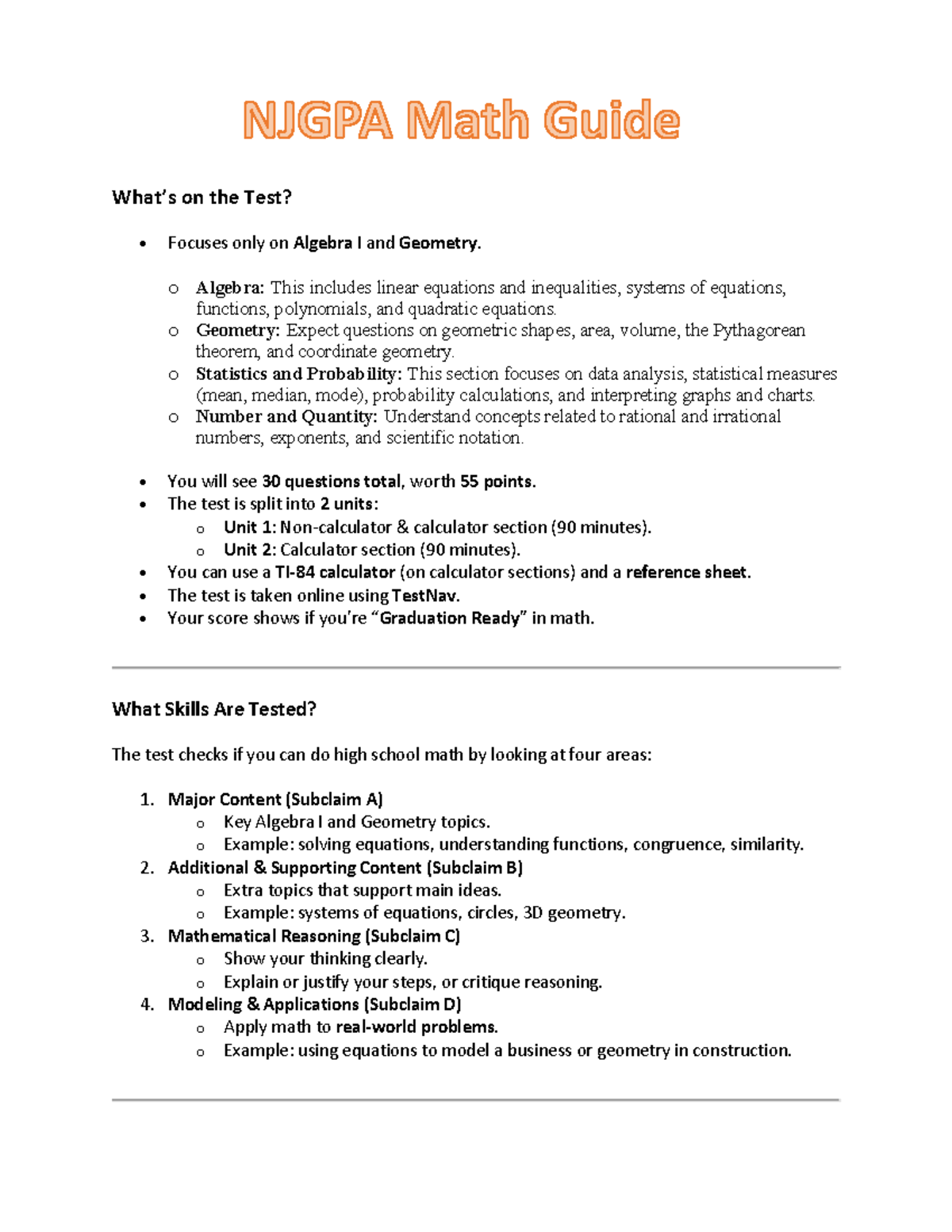 Njgpa Math Guide + Tips: Algebra I & Geometry Focus - Studocu