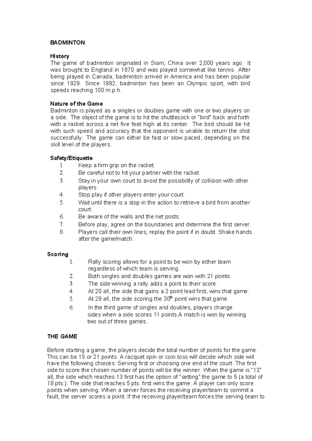 FITT 4 - Notes 1 - Badminton - BADMINTON History The game of badminton ...