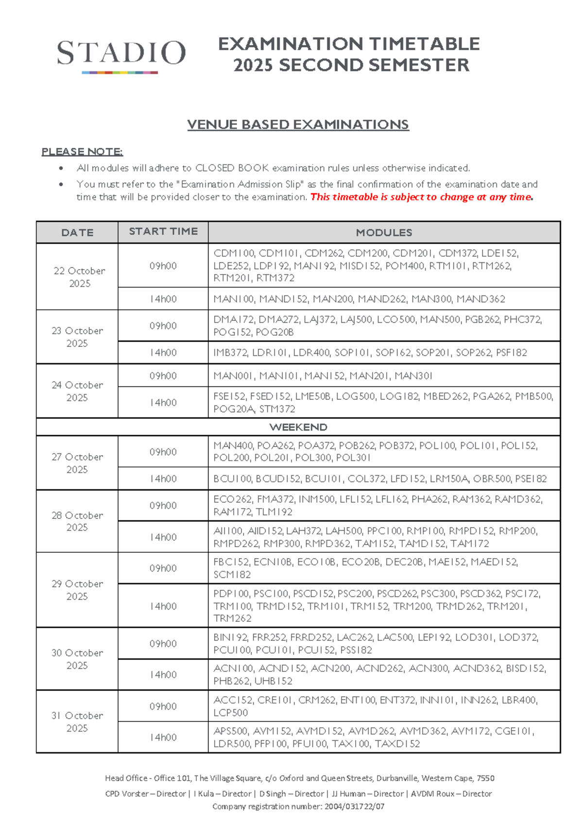 EXAM TIMETABLE 2025 2ND SEMESTER VENUE BASED EXAMS - Studocu