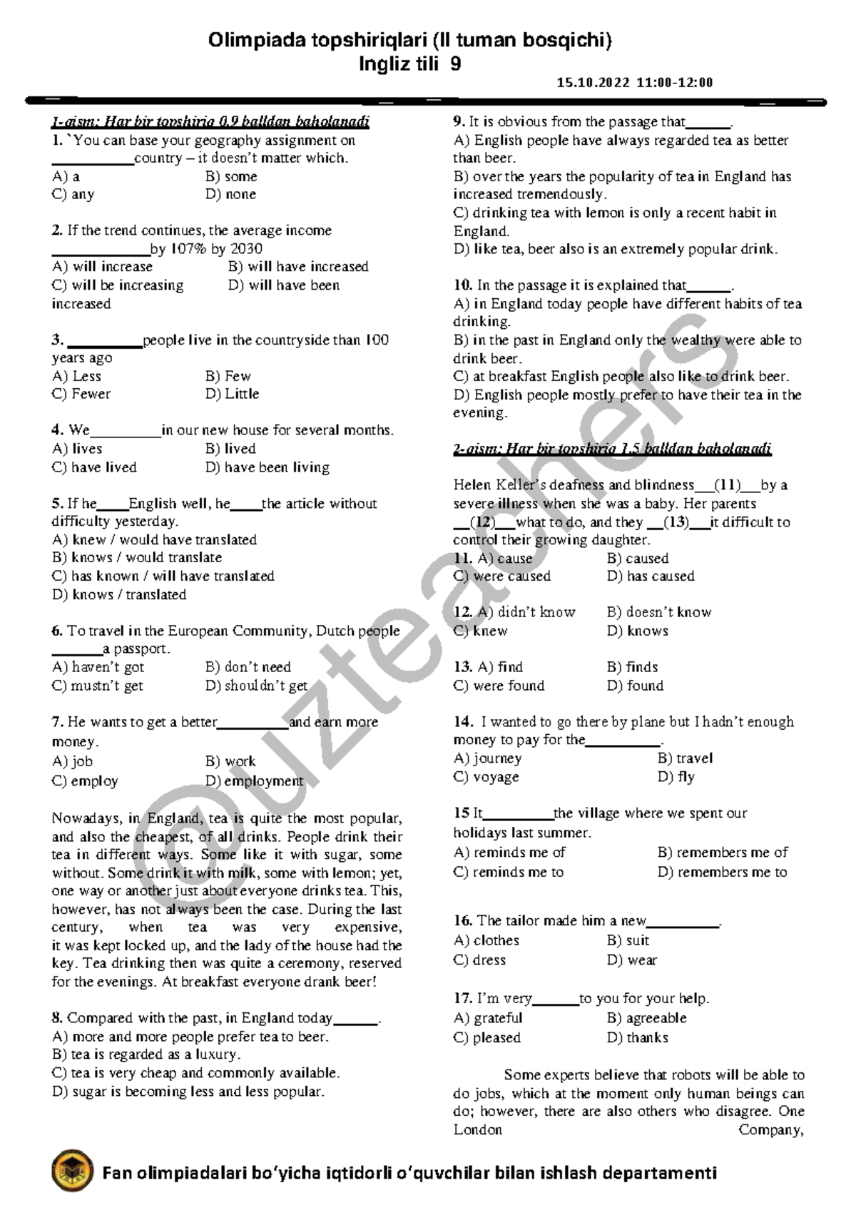 9-sinf Ingliz tili Olimpiada II Tuman Bosqichi Topshiriqlari - Studocu