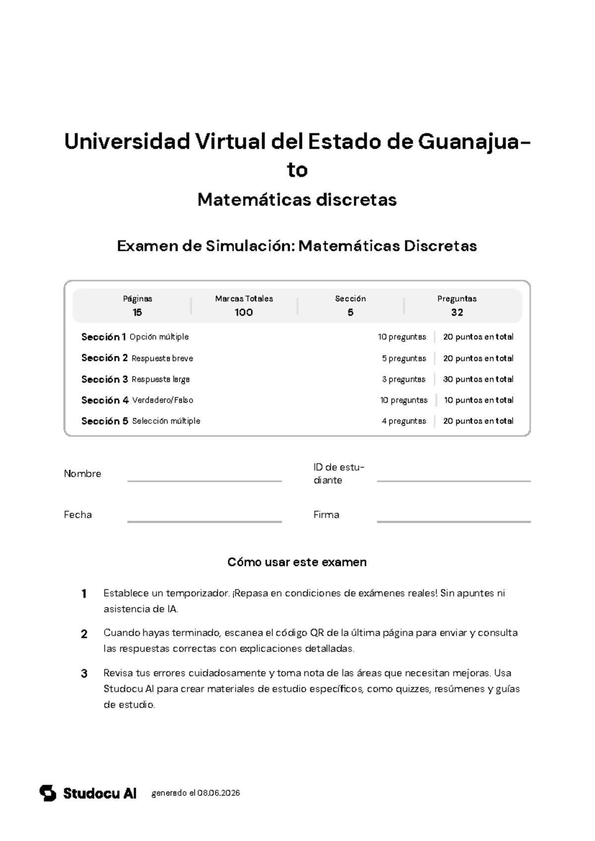 Examen de Simulación: Matemáticas Discretas - Studocu