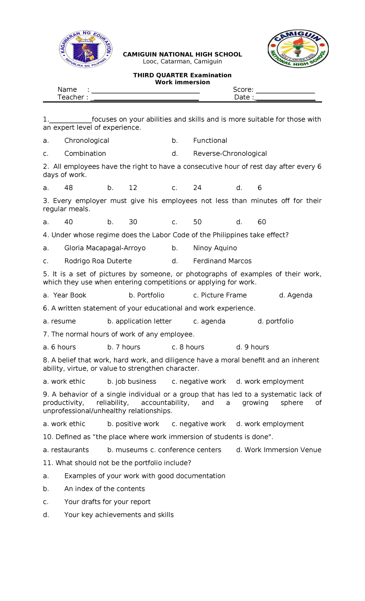 Work Immersion 1st Quarter Final Exam Review - Studocu