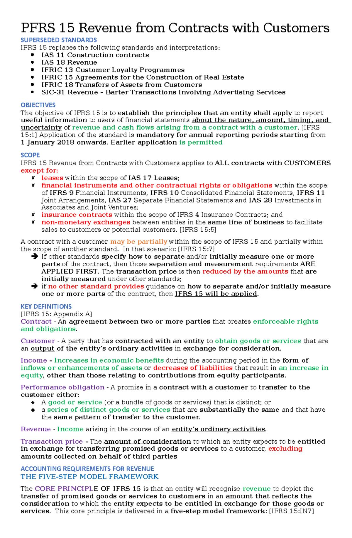 PFRS 15 Overview: Revenue Recognition Principles and Key Elements - Studocu